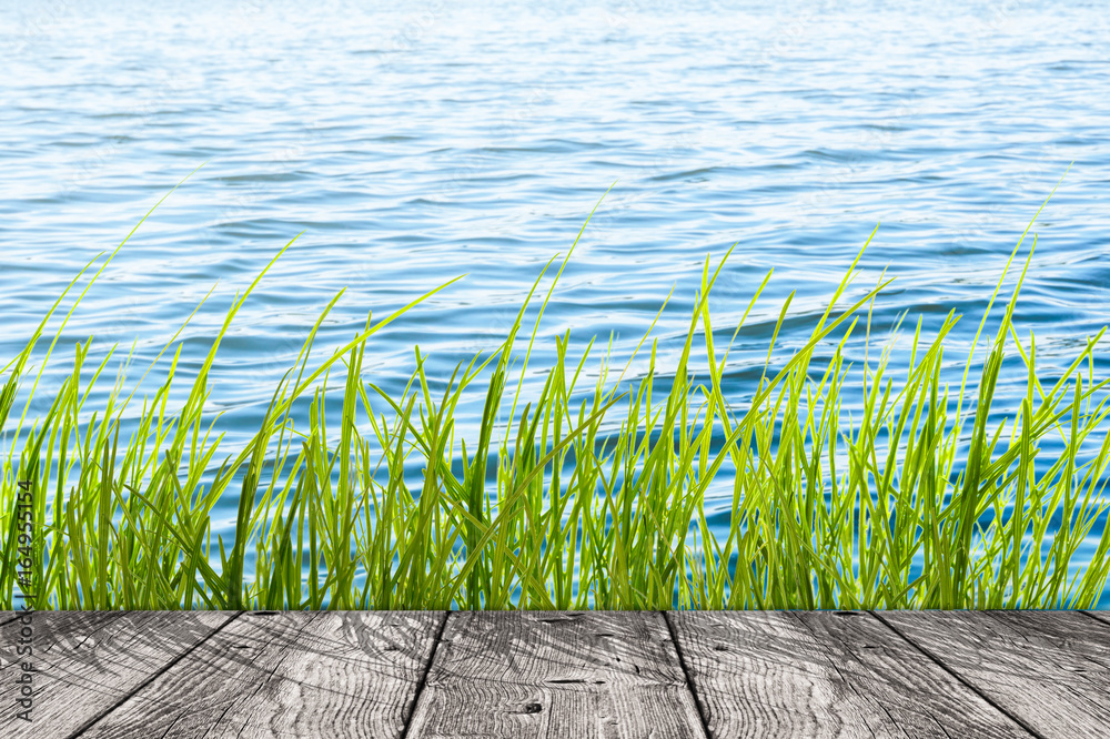 holz steg am wasser mit ufergras Stock-Foto | Adobe Stock