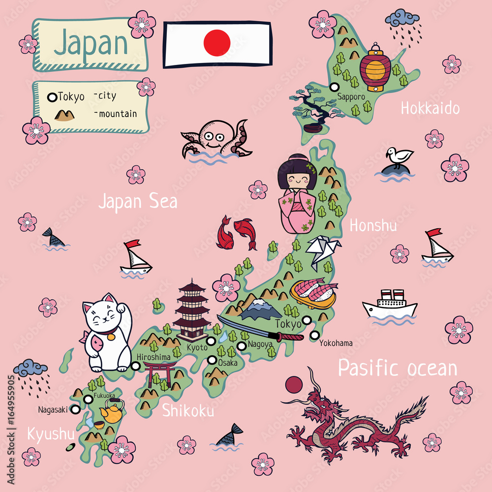 Cartoon map of Japan Stock Vector | Adobe Stock