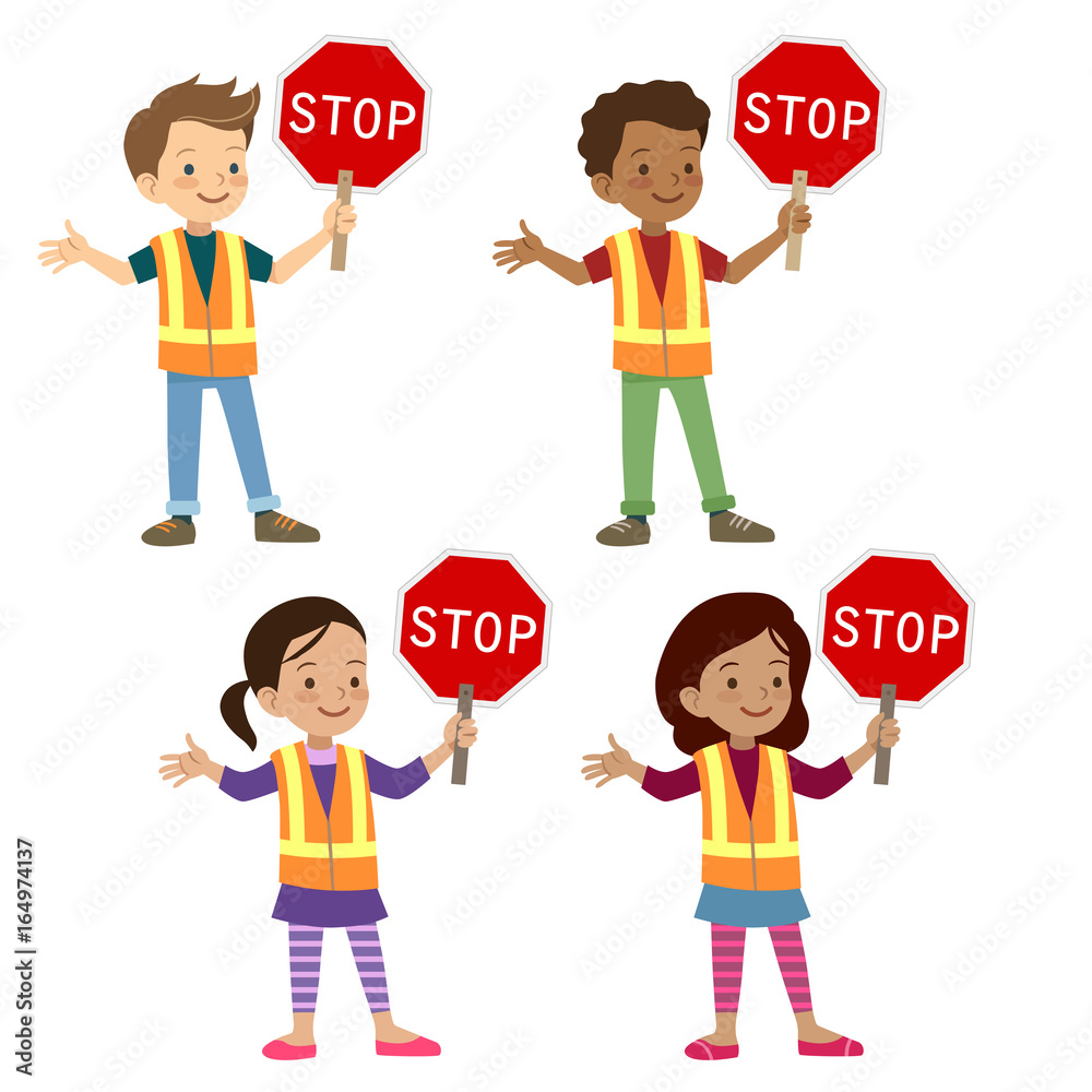 Multicultural children in traffic crossing guard uniform Stock Vector ...