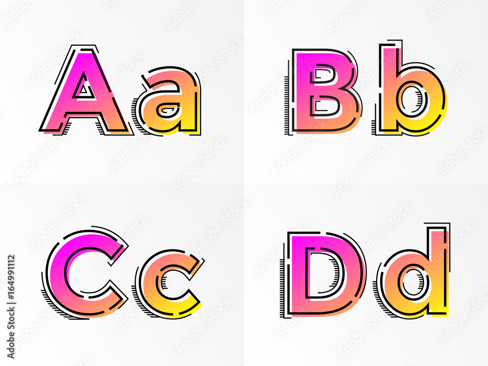 Alphabet set letters A, B, C, D vector font gradient color line Stock ...