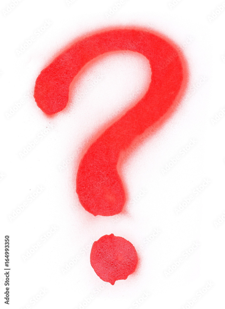 Red spray stain question mark isolated on white background, photo with ...
