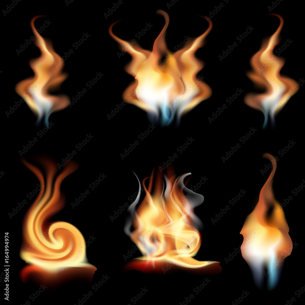 vector realistic fire flames collection isolated on black background ...