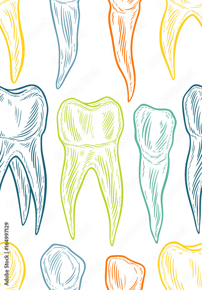 Stylized doodle, hand drawn outline of teeth. A seamless tooth pattern ...