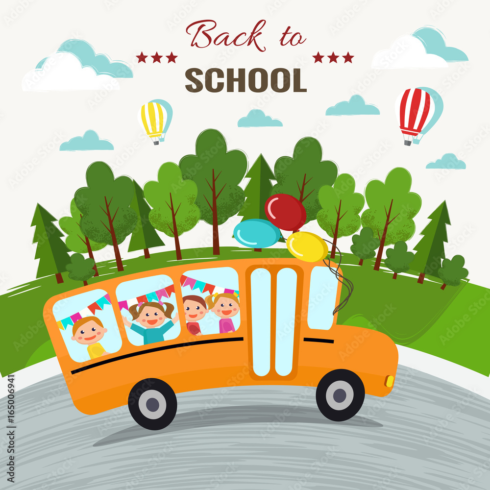 Welcome back to school vector illustration. School bus with kids. Stock ...