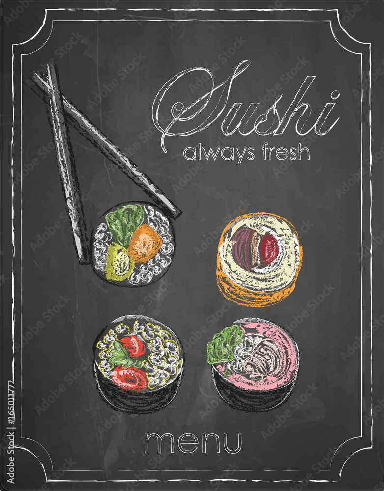 Sushi menu on chalkboard background, vector, illustration, freehand ...