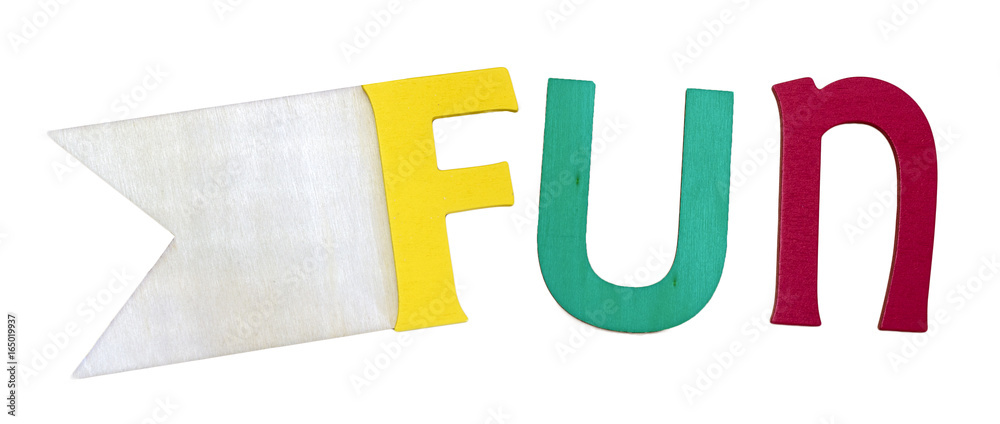 The word Fun spelled out in wooden letters, with flag to left Stock ...