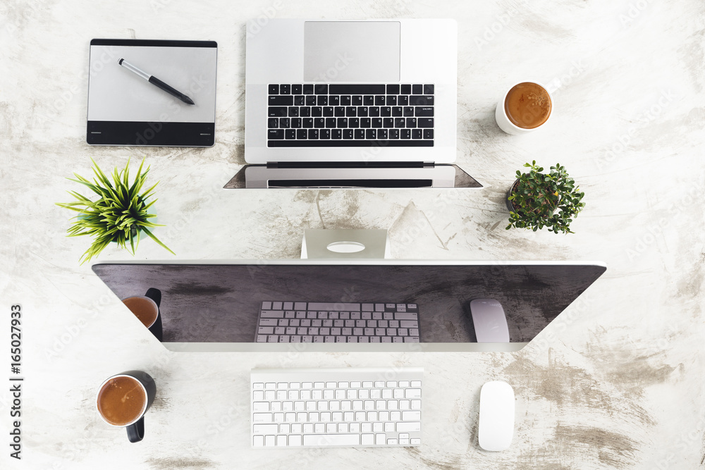 computer device on work desk loft style top view Stock Photo | Adobe Stock