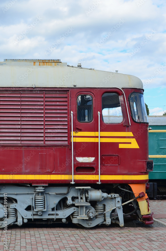 Cabin of modern Russian electric train. Side view of the head of ...