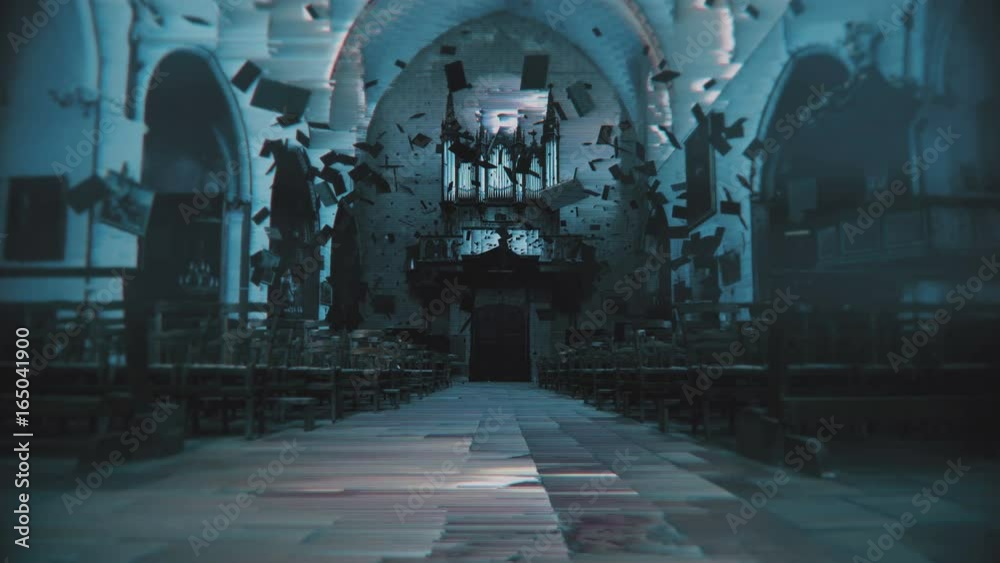 Bibles float in a haunted church. 3D animation featuring stylized ...