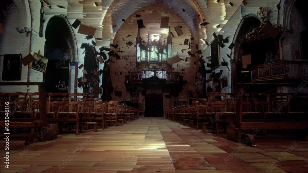 Bibles float in a haunted church. 3D animation featuring stylized ...