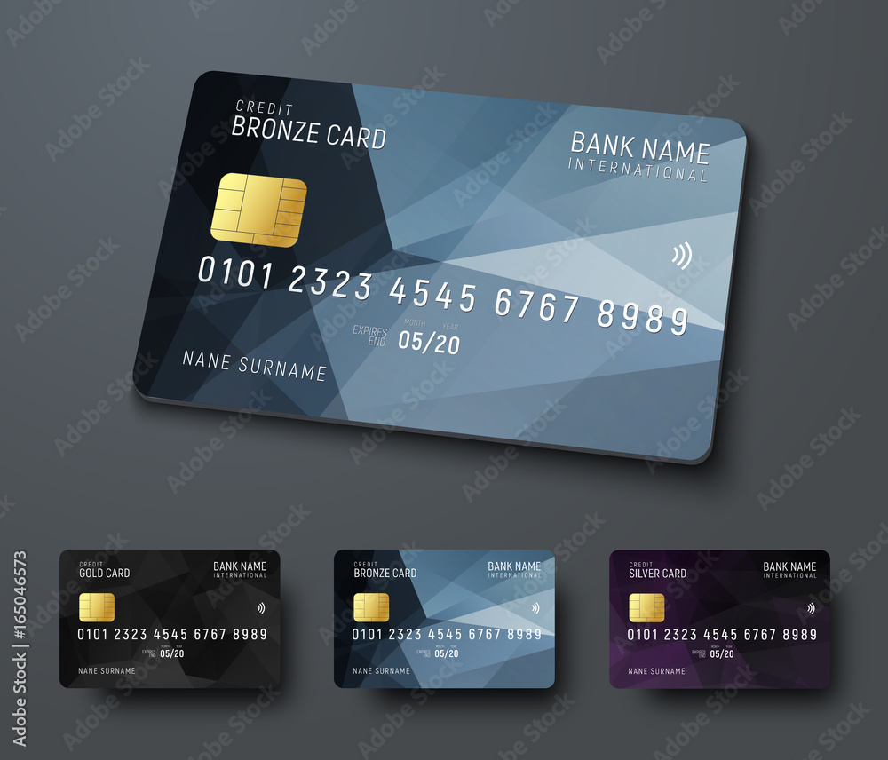 Templates of credit (debit) bank cards with black polygonal abstract ...