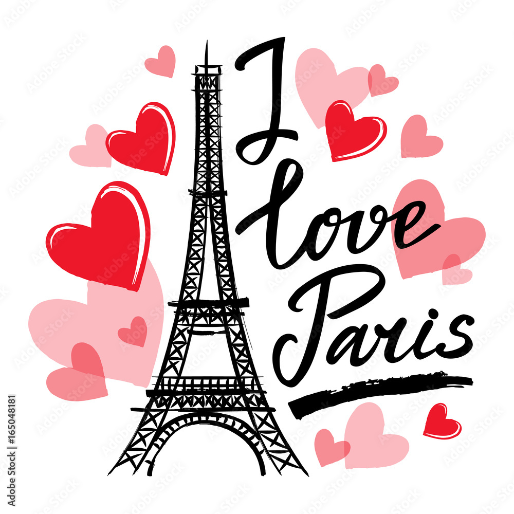 Symbol France-Eiffel tower, hearts and phrase I love Paris. French ...