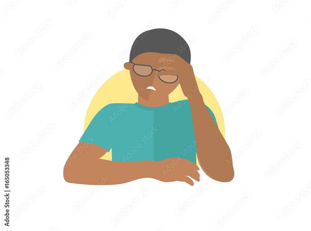 Handsome black man in glasses depressed, sad, weak. Flat design icon ...