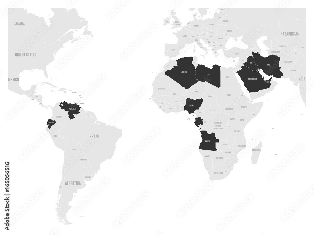 OPEC, Organization of the Petroleum Exporting Countries. World map with ...