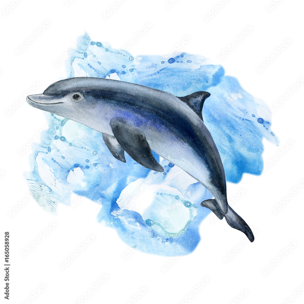 Dolphin and the sea. Blue background. Monotype. Watercolor. Template ...