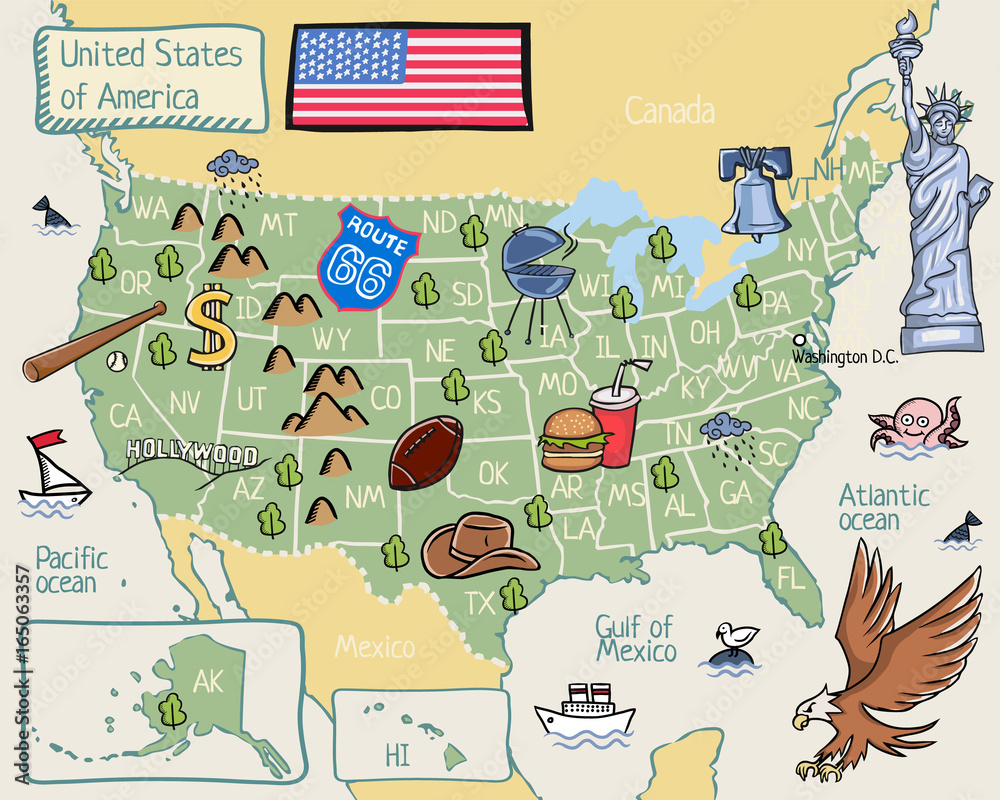 Cartoon map of USA Stock Vector | Adobe Stock