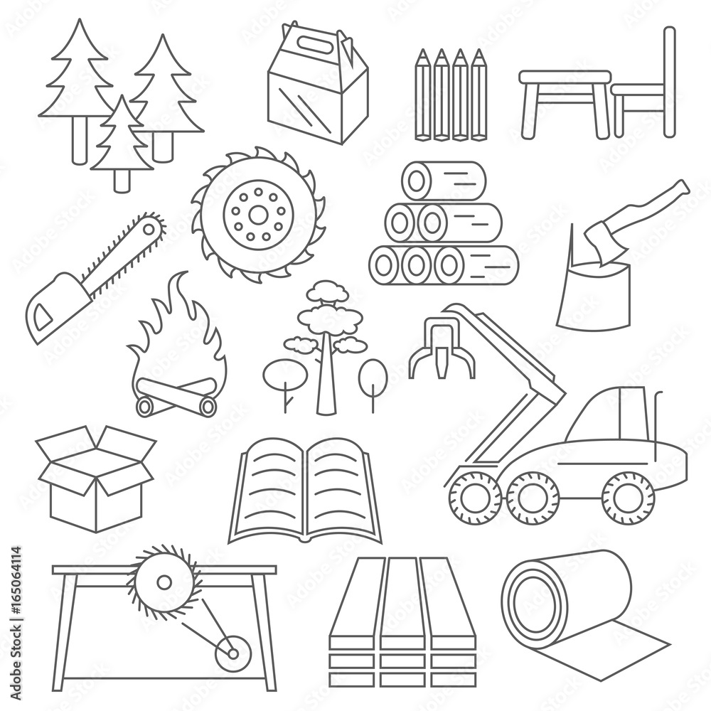 Pulp, paper and wood products icon set. Thin line design isolated on ...