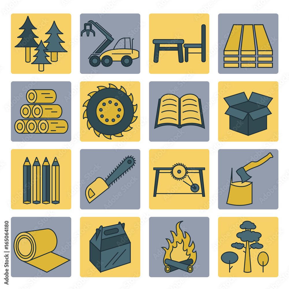 Pulp, paper and wood products icon set. Thin line design isolated on ...