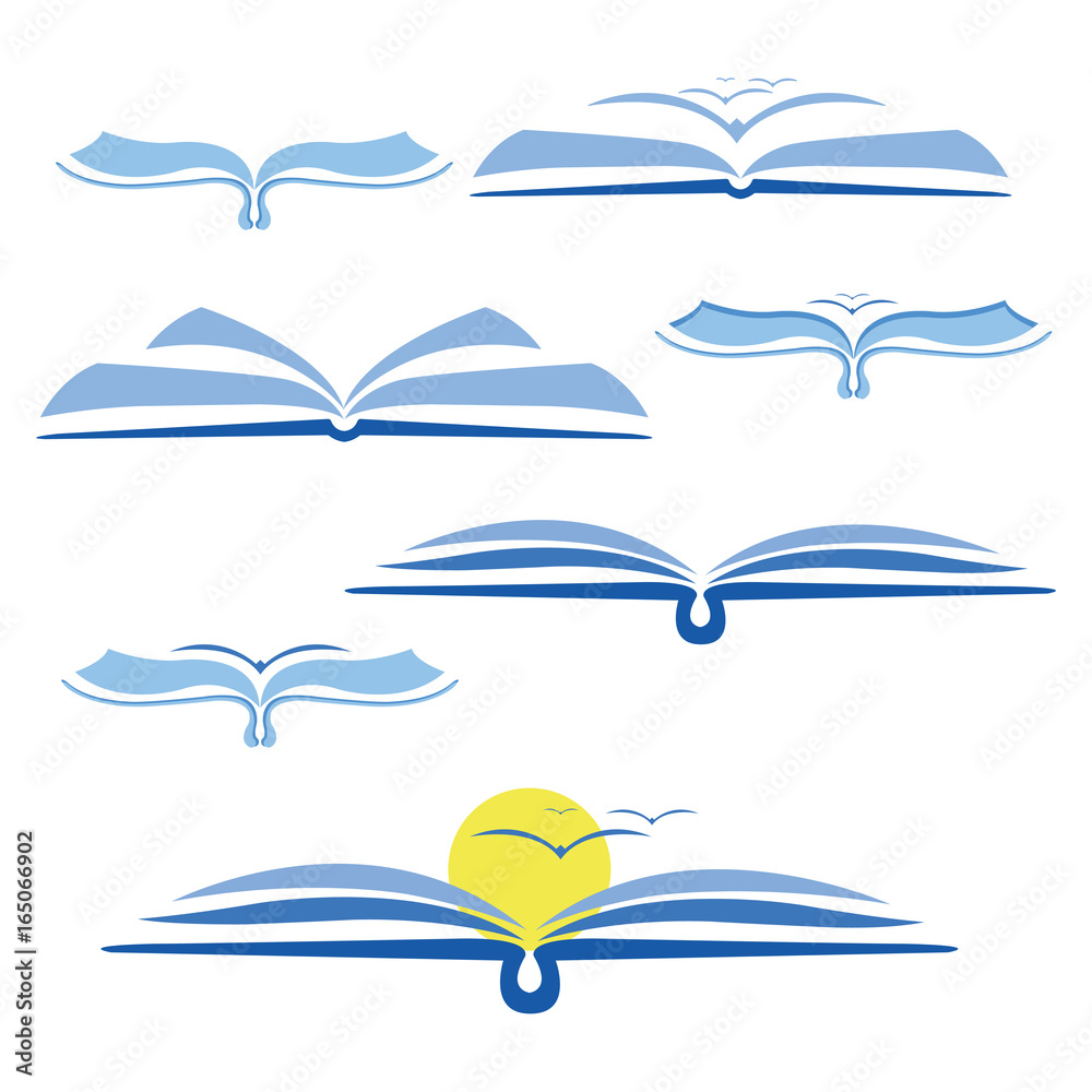 Vector set of logos with an open book. Collection of stylized books ...
