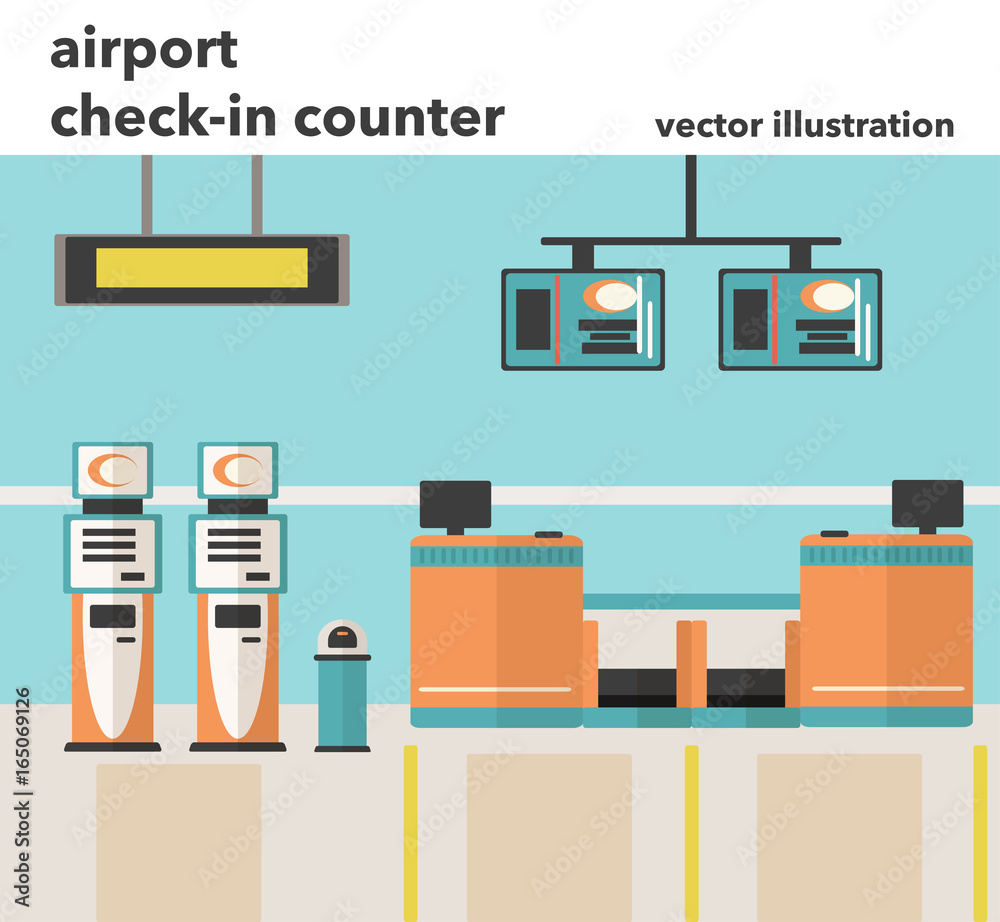 Vector illustration of Check-in counter at the airport interior with ...