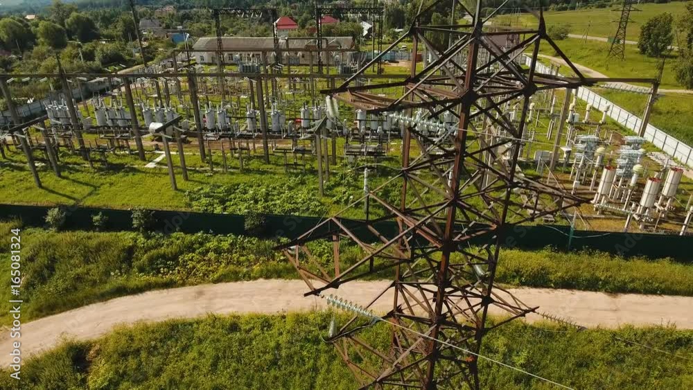 Aerial view Power plant, transformation station, cables and wires. High ...