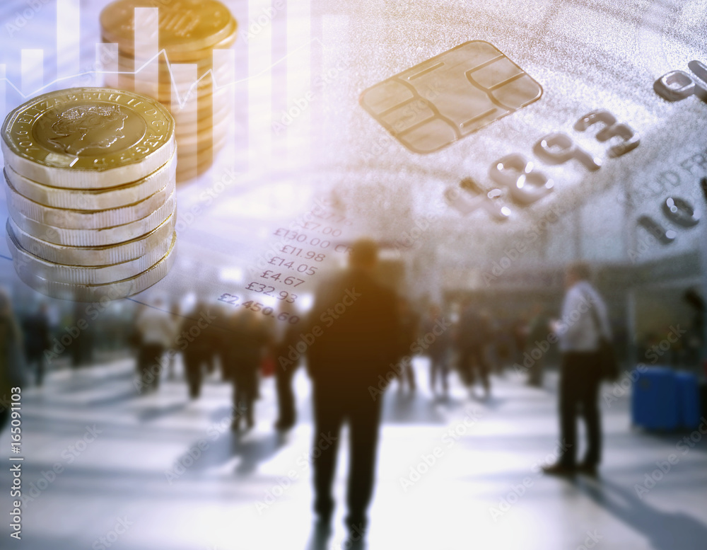 Double exposure of credit card and row of new pound coins with blur ...
