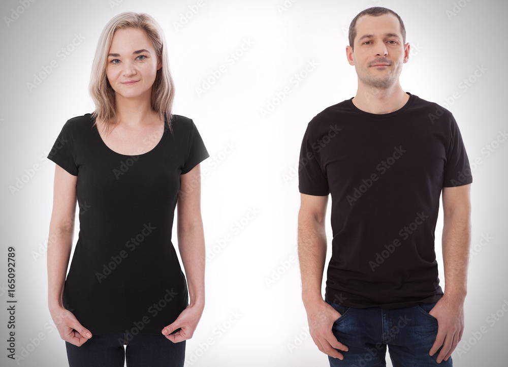 Shirt design and people concept - close up of young man and woman in ...