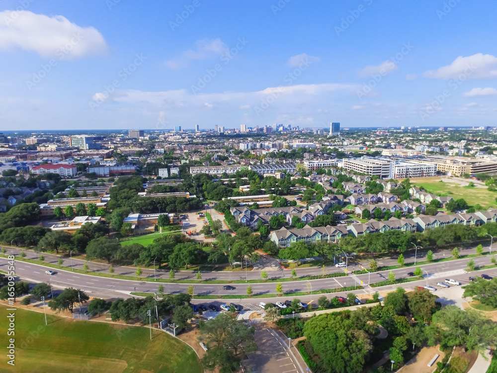 Aerial view west-central area in Houston from Buffalo Bayou Park ...