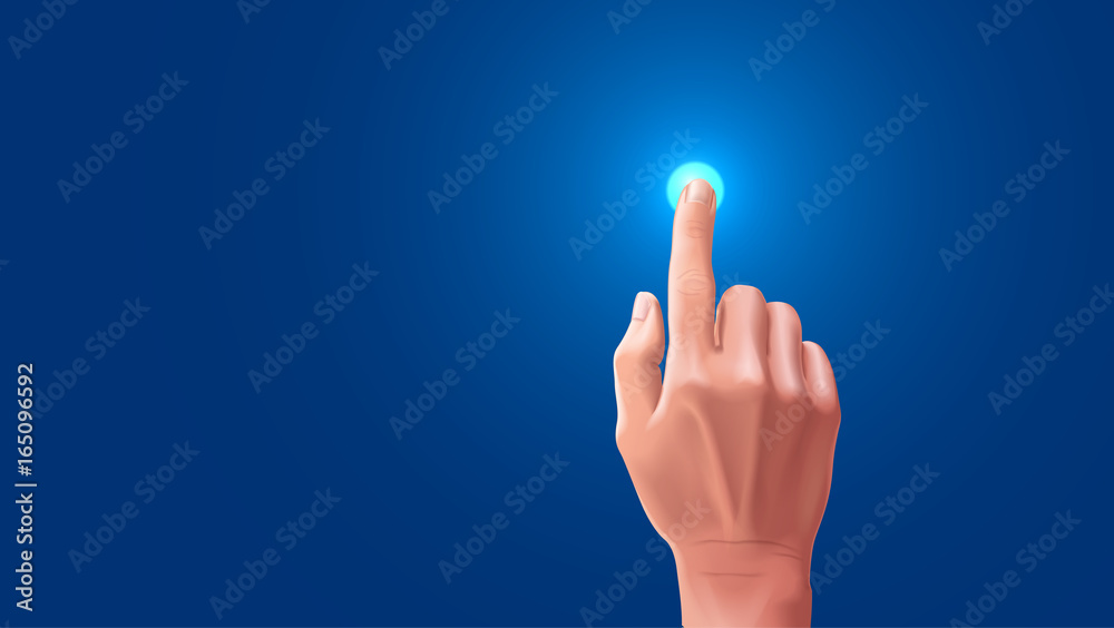 The beautiful hand presses the index finger on the touchscreen. Button ...