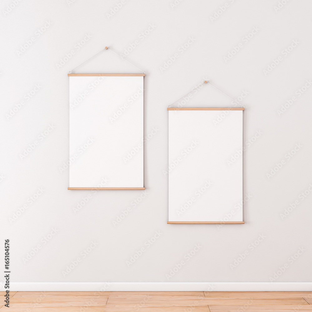 Two Vertical Roll up Posters Mockup hanging on the wall in empty room ...