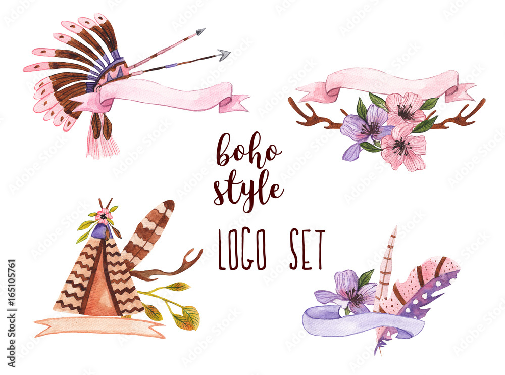 Logo set in boho style. Watercolor illustration on white isolated ...
