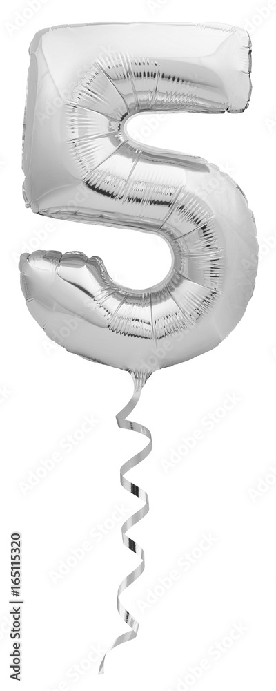 Silver metallic number 5 five made of inflatable balloon isolated on ...