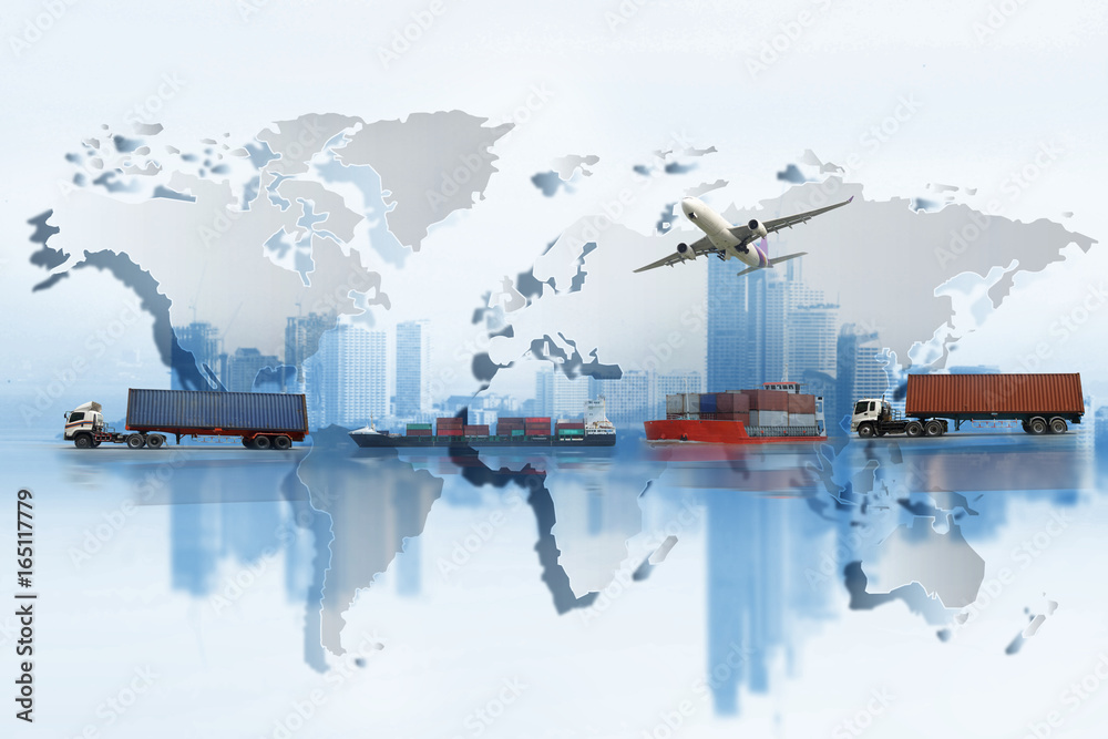Shipping, delivery car, ship, plane transport on a background map of ...