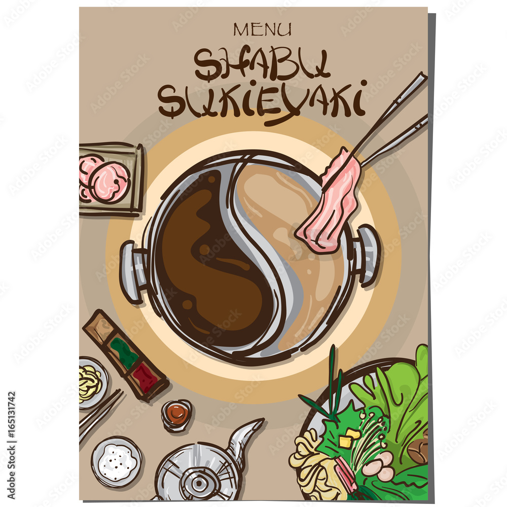 menu sukiyaki shabu Japanese food restaurant template design hand ...