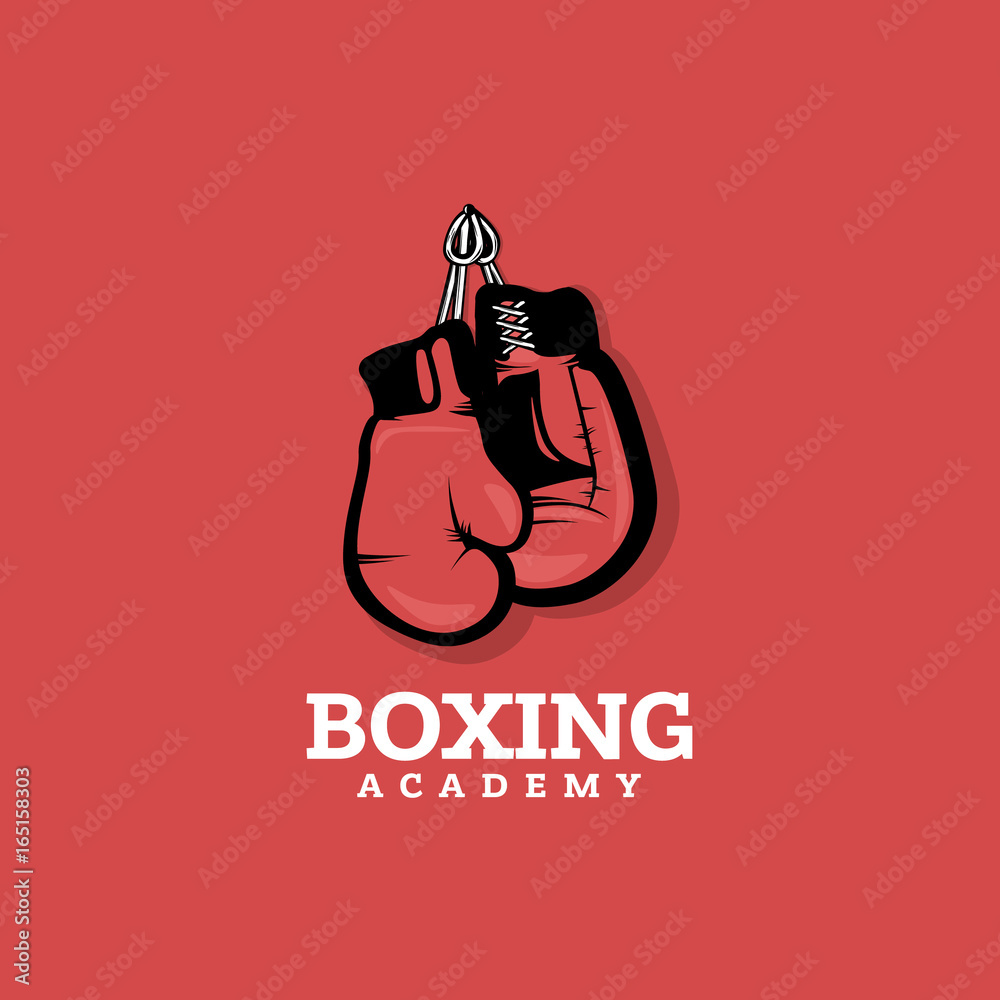 Boxing logo concept on red background with hanging boxing gloves. Stock ...