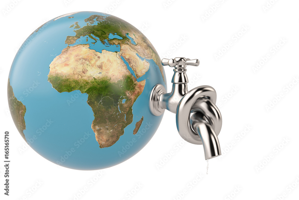 Save water concept water tap with earth globe isolated on white ...