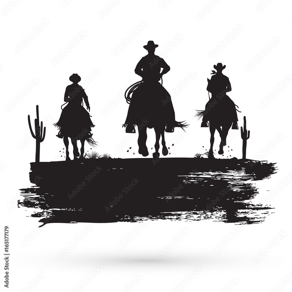 Silhouette of three cowboys riding horses, vector illustration Stock ...
