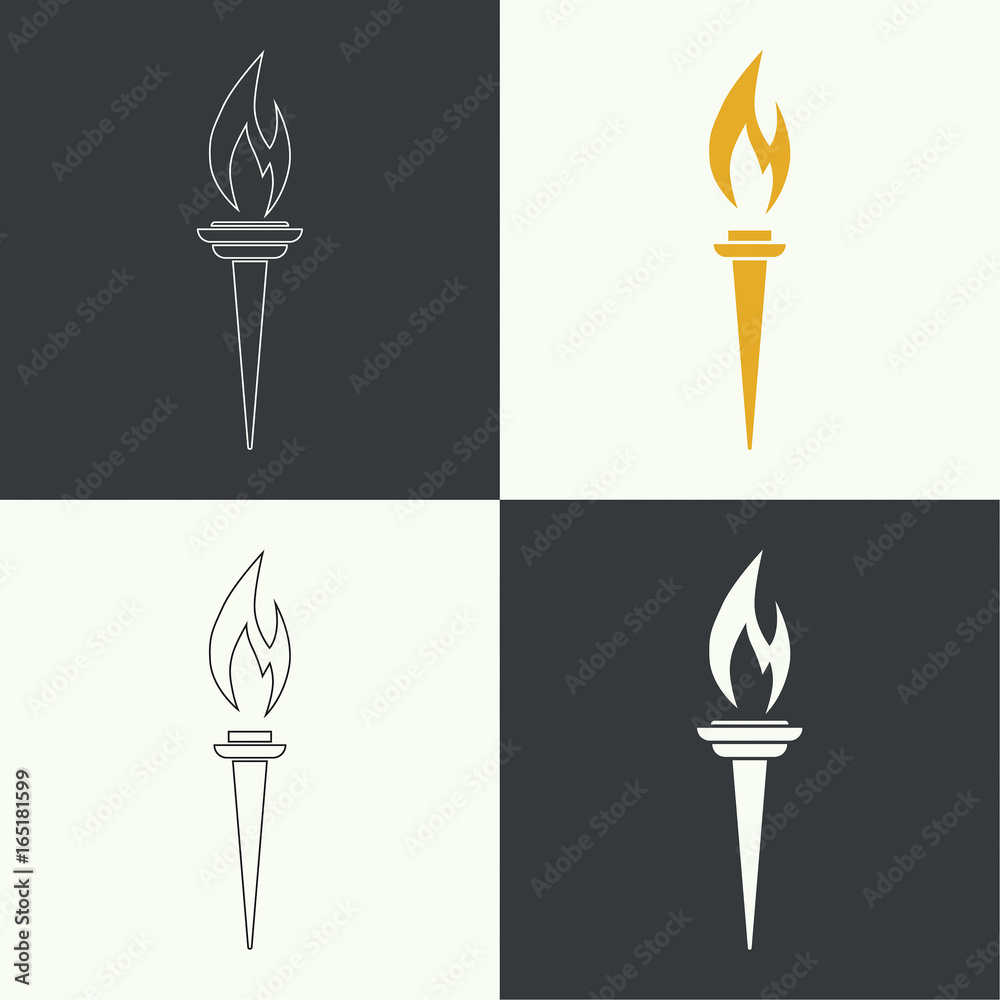 Vector icon of torch with a flame. Set different torches. Linear icon ...