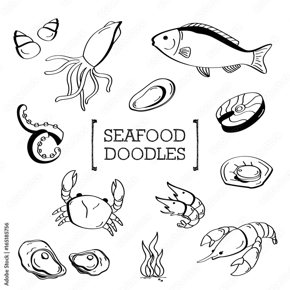 Seafood Doodle, Hand drawing styles of seafood. Stock Vector | Adobe Stock