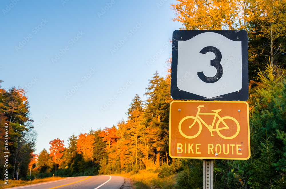 Bike Route Sign along a Highway in the Adirondacks, NY, at Sunset Stock ...