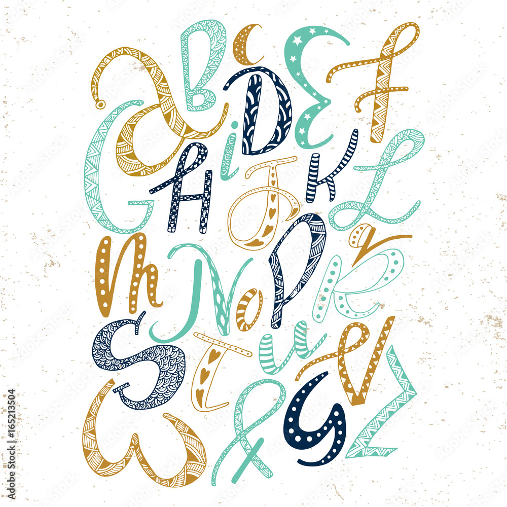 Unique hand drawn latin alphabet with doodle ornament. Cute comic font ...