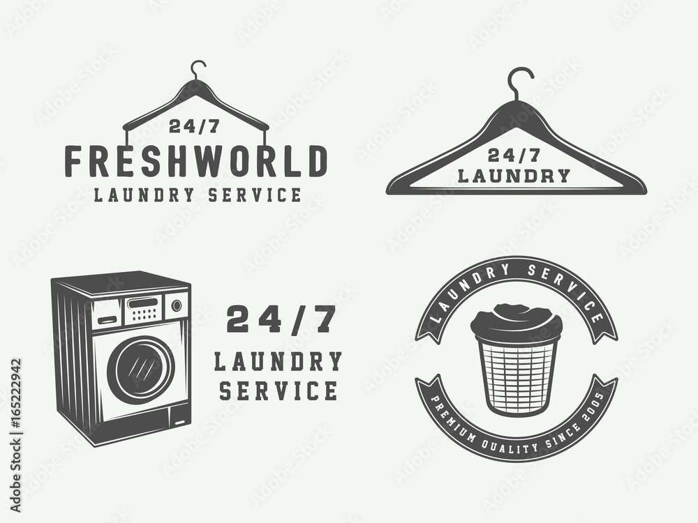 Set of vintage laundry, cleaning or iron service logos, emblems, badges ...