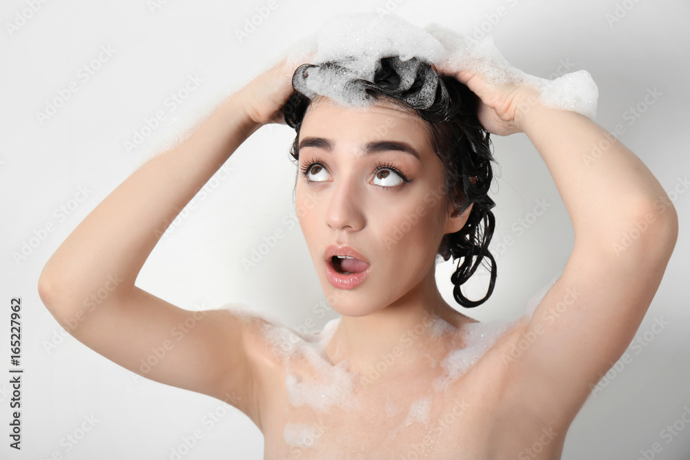 Young Emotional Woman Washing Hair While Taking Shower On White 2290