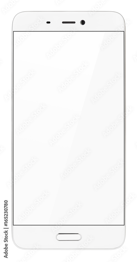 Front view of modern white smartphone with empty screen isolated on ...