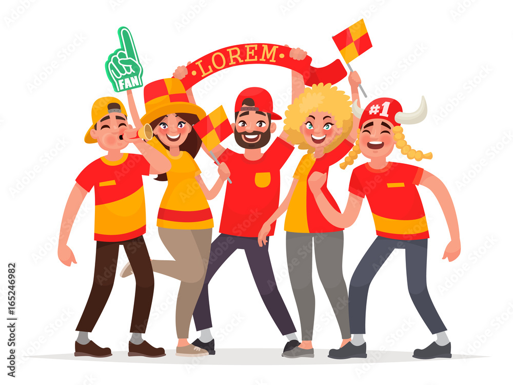 Happy fans are cheering for their team. A group of people supports ...