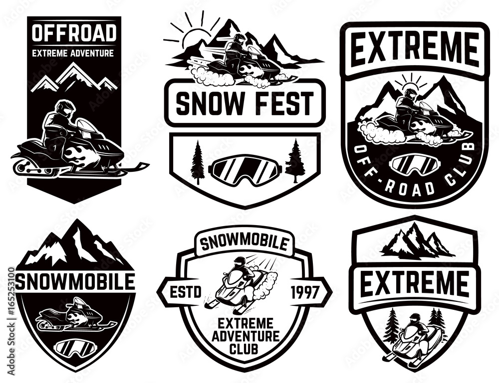 Set of snowmobile emblems isolated on white background. Design element ...