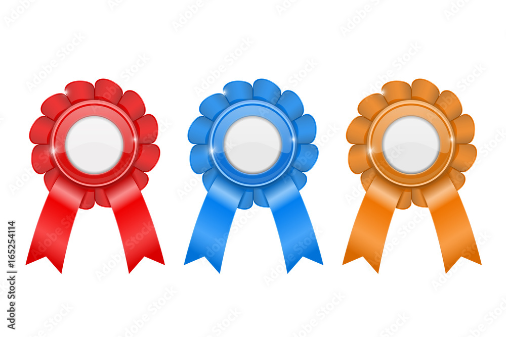Colored award signs. Shiny 3d prize symbols with white blank circle ...