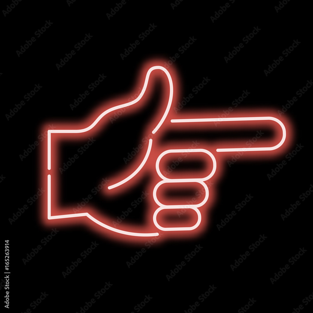 Neon sign hand pointing finger. Red sign on a black background. vector ...