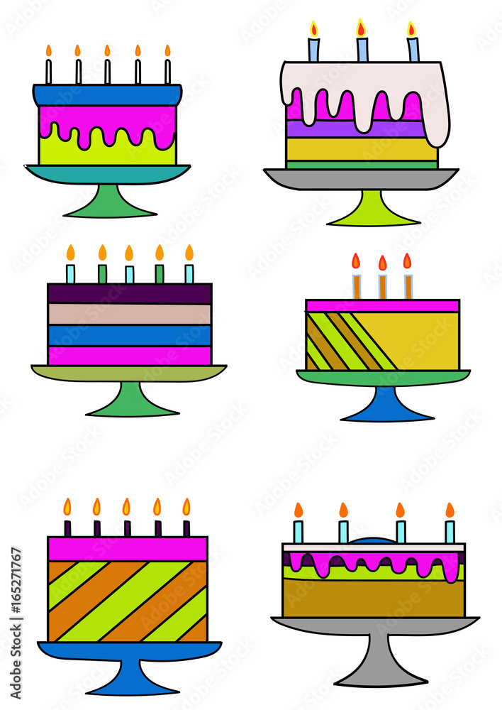 Cartoon set with colorful cakes on a Birthday Stock Vector | Adobe Stock