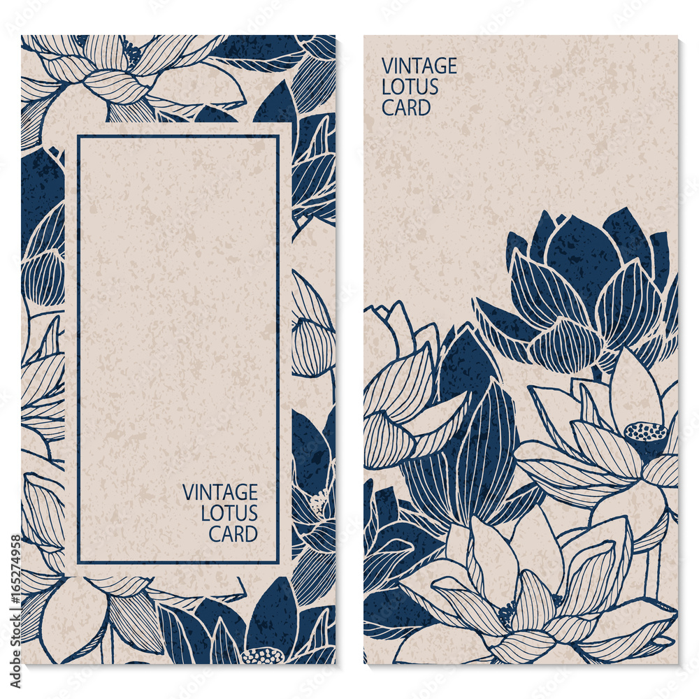 set with two vector blue vintage cards with hand drawn lotus flowers ...